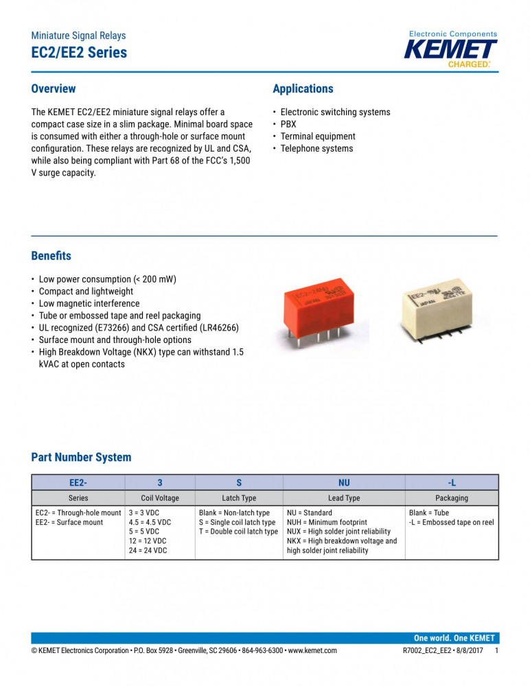 KEMET EE2 relay documentation page 1
