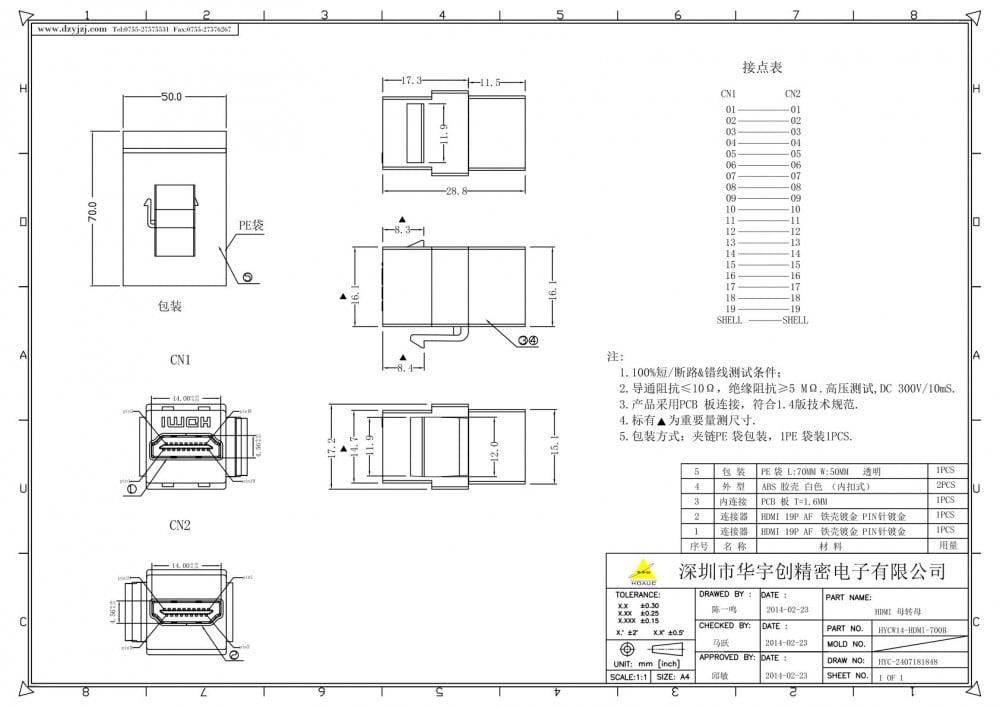 HOAUC HYCW14-HDMI-700B technical document