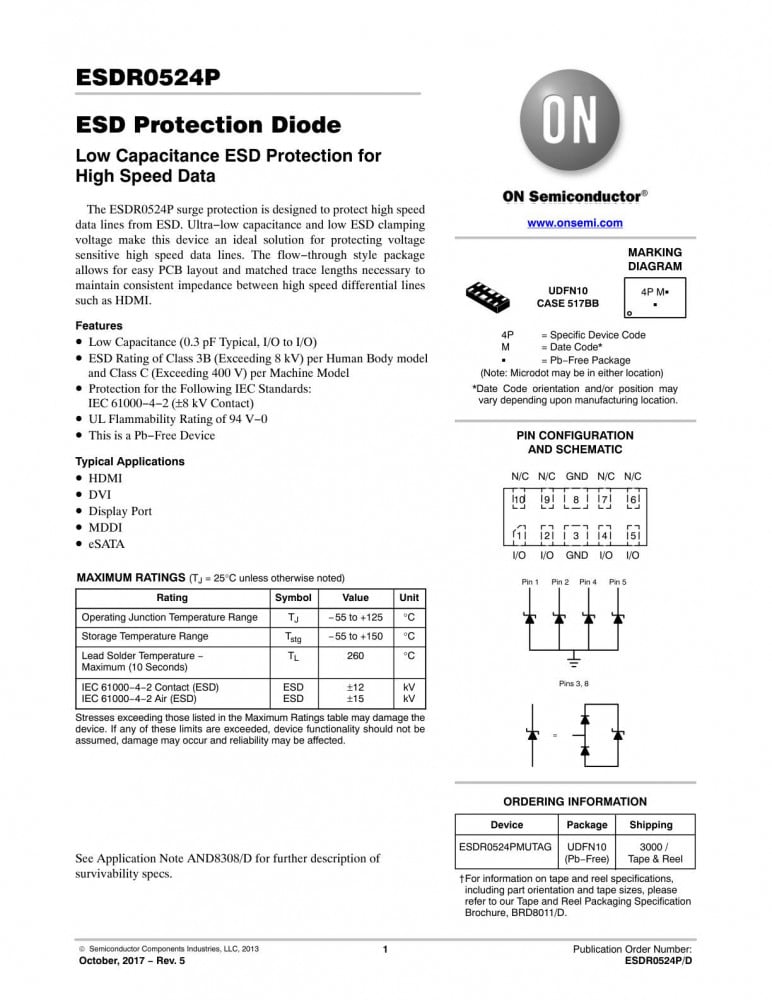 ESDR0524PMUTAG datasheet page 1