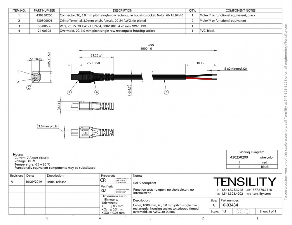 Technical drawing for Tensility International 10-03434 cable assembly