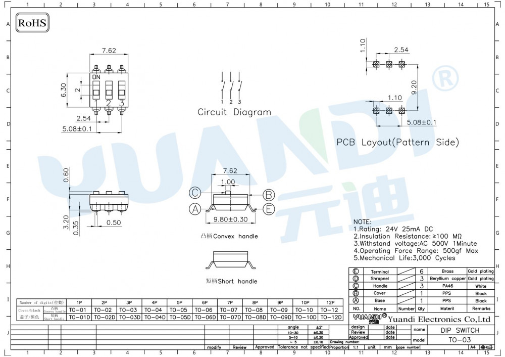 YUANDI TO-03 DIP switch technical drawing