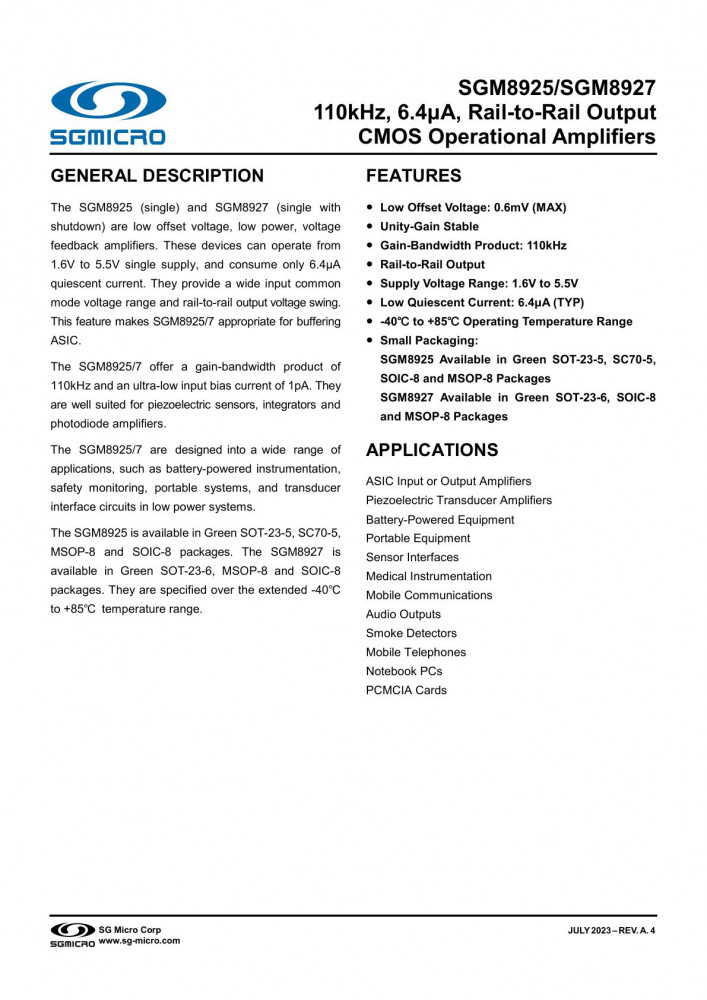 SGM8927 datasheet page 1
