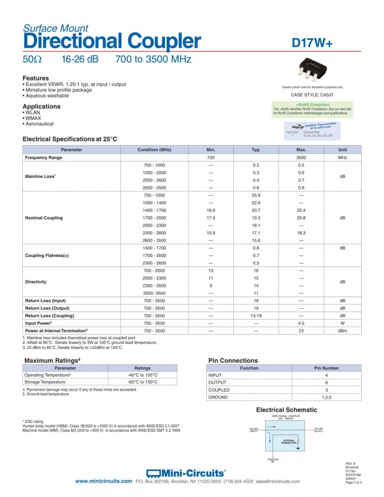 D17W+ electrical specifications and pin connections