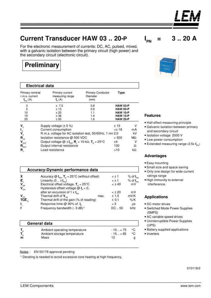 LEM HAW 03-P datasheet page 1