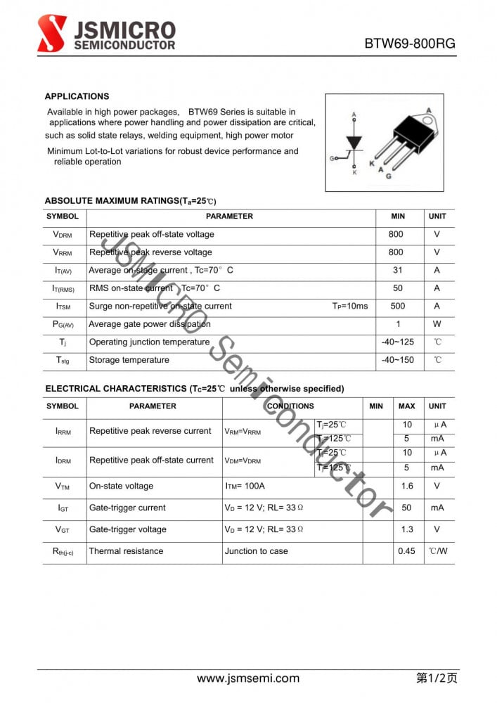 BTW69-800RG technical document application and ratings page