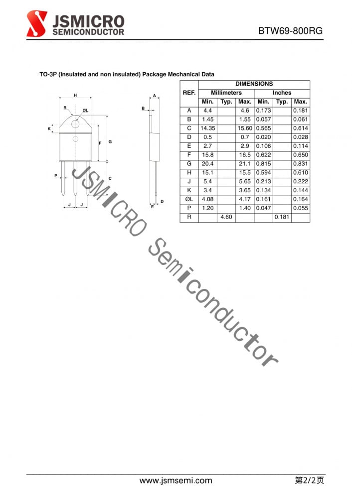 BTW69-800RG TO-3P package mechanical data page