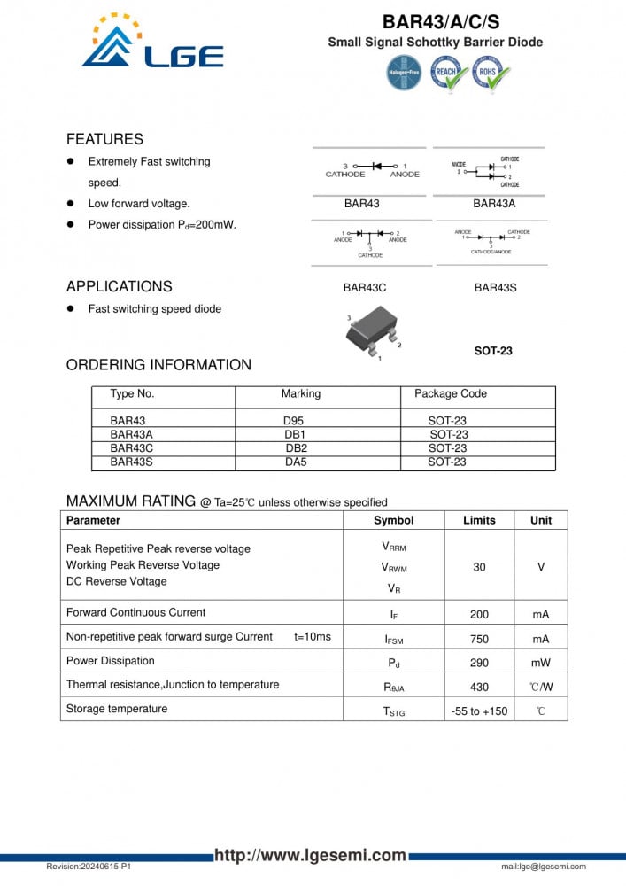 BAR43S datasheet page 1