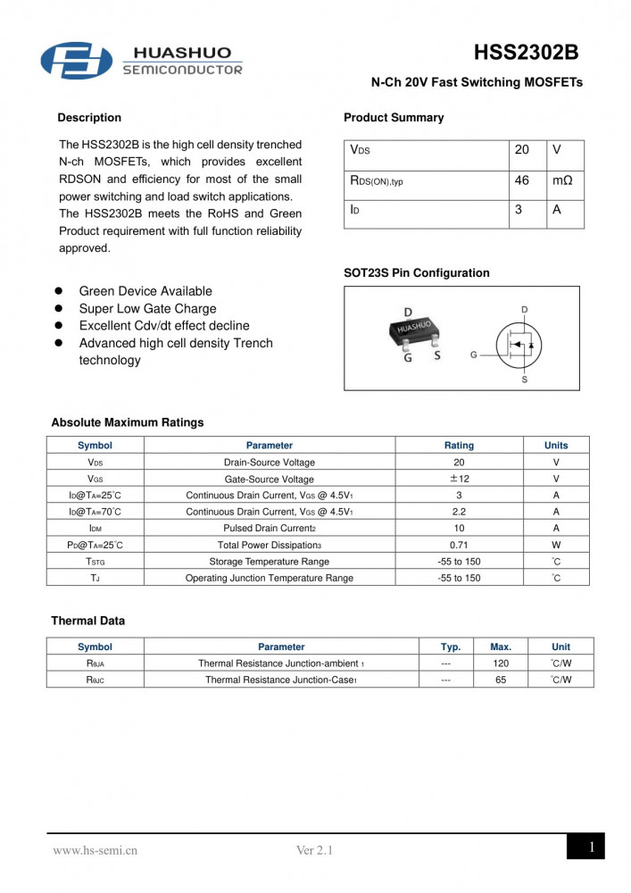 HSS2302B datasheet page 1