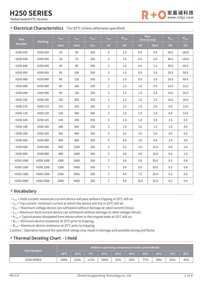 R+O H250 series datasheet page 2