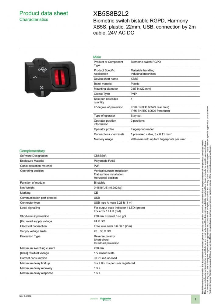XB5S8B2L2 technical document page 1