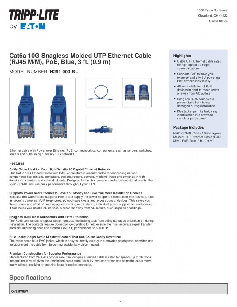 N261-003-BL technical document page 1