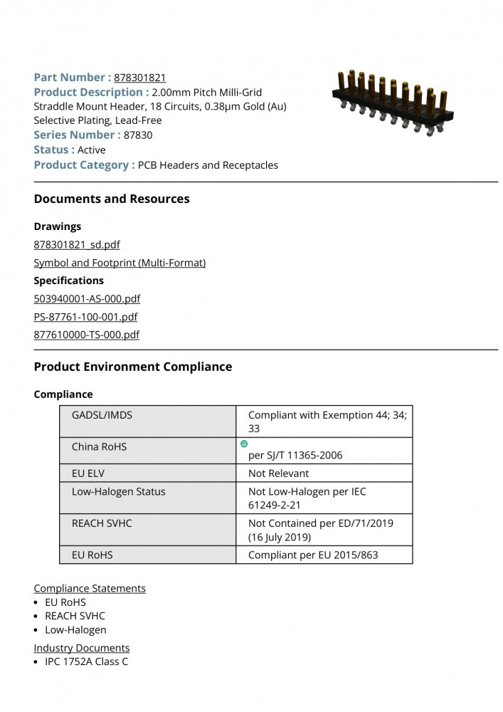 MOLEX 878301821 technical document, page 1
