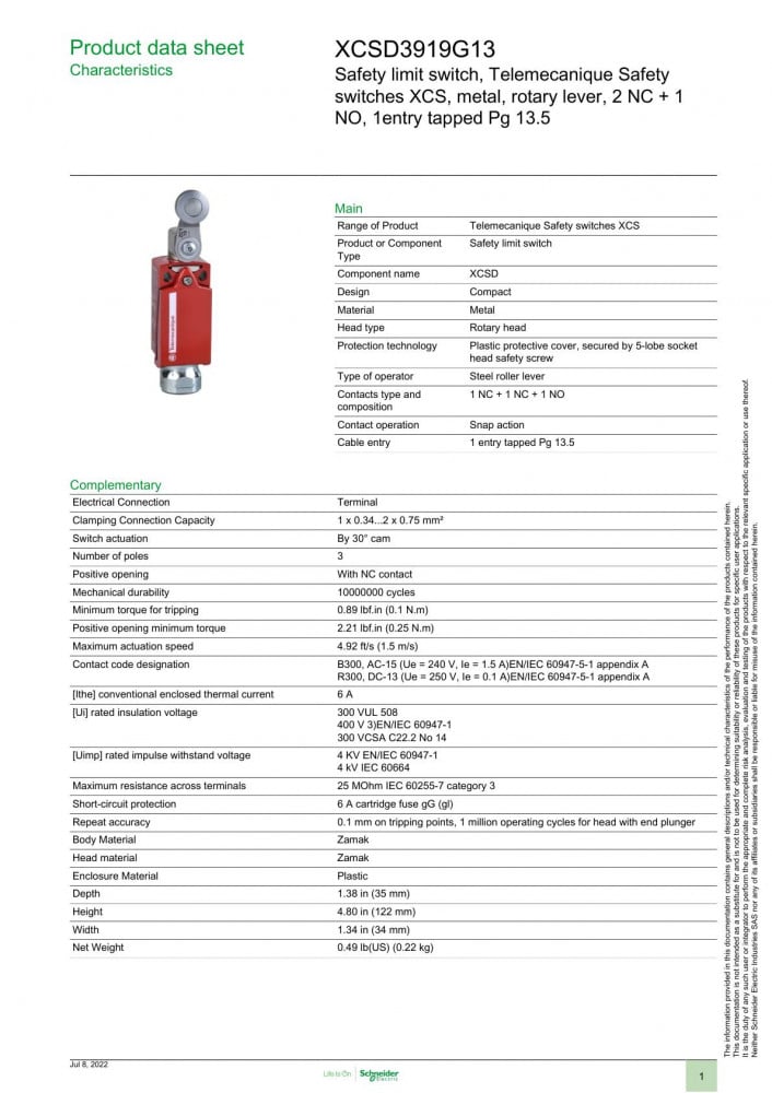 XCSD3919G13 technical document page 1