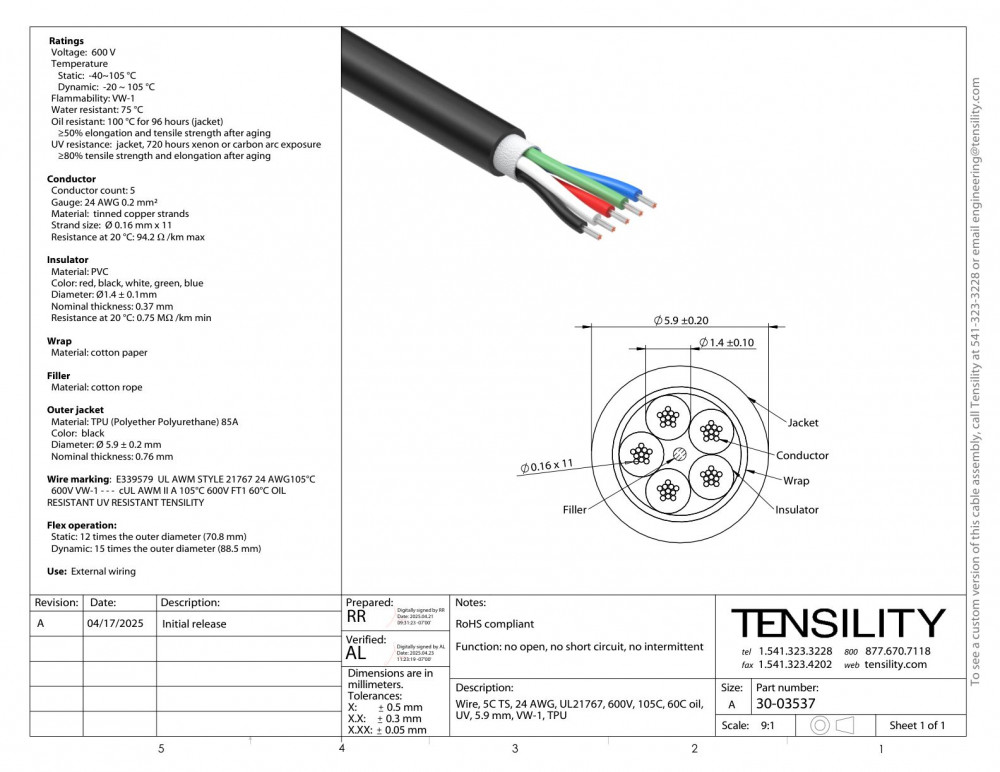 Tensility International 30-03537 cable drawing and product specification page