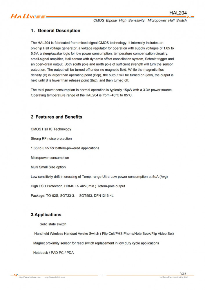 HAL204SO datasheet page 1