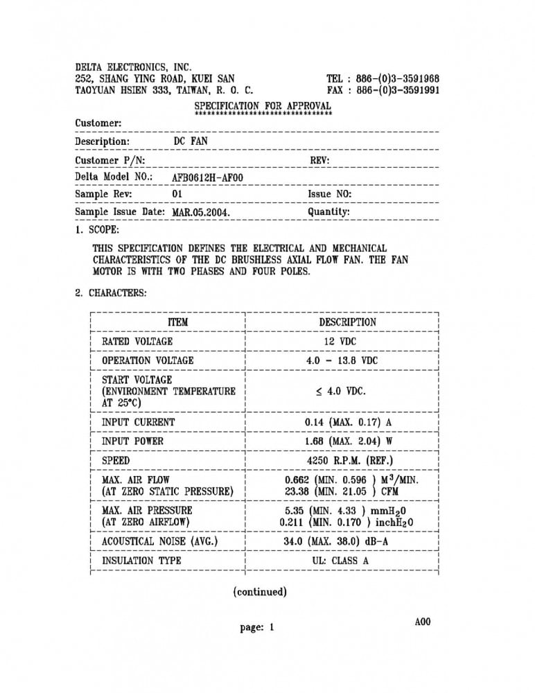 AFB0612H-AF00 specification page 1