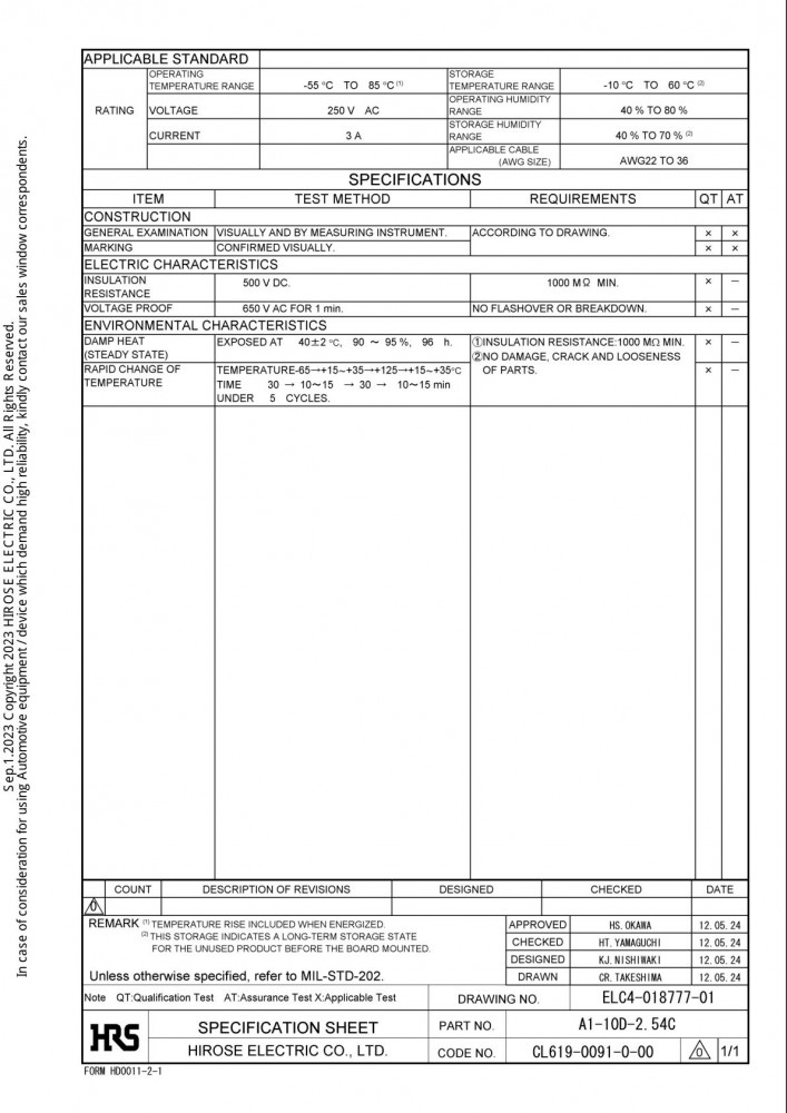 HRS A1-10D-2.54C specification sheet preview