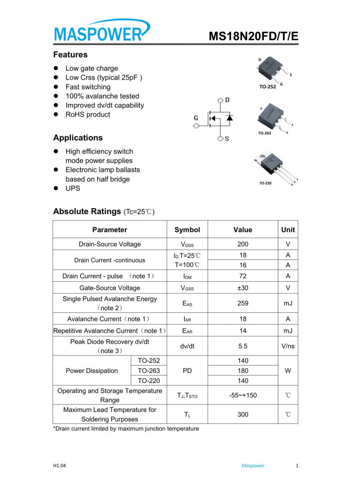 MS18N20FT datasheet page 1