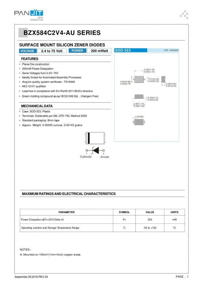 PANJIT BZX584C15-AU datasheet page 1