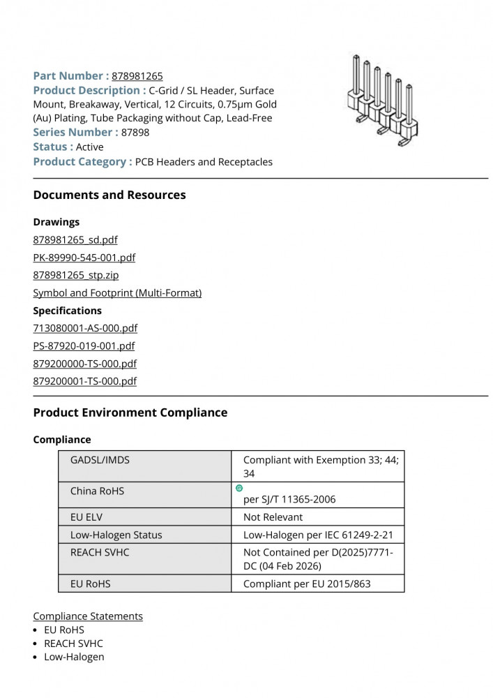 MOLEX 878981265 technical document image, page 1