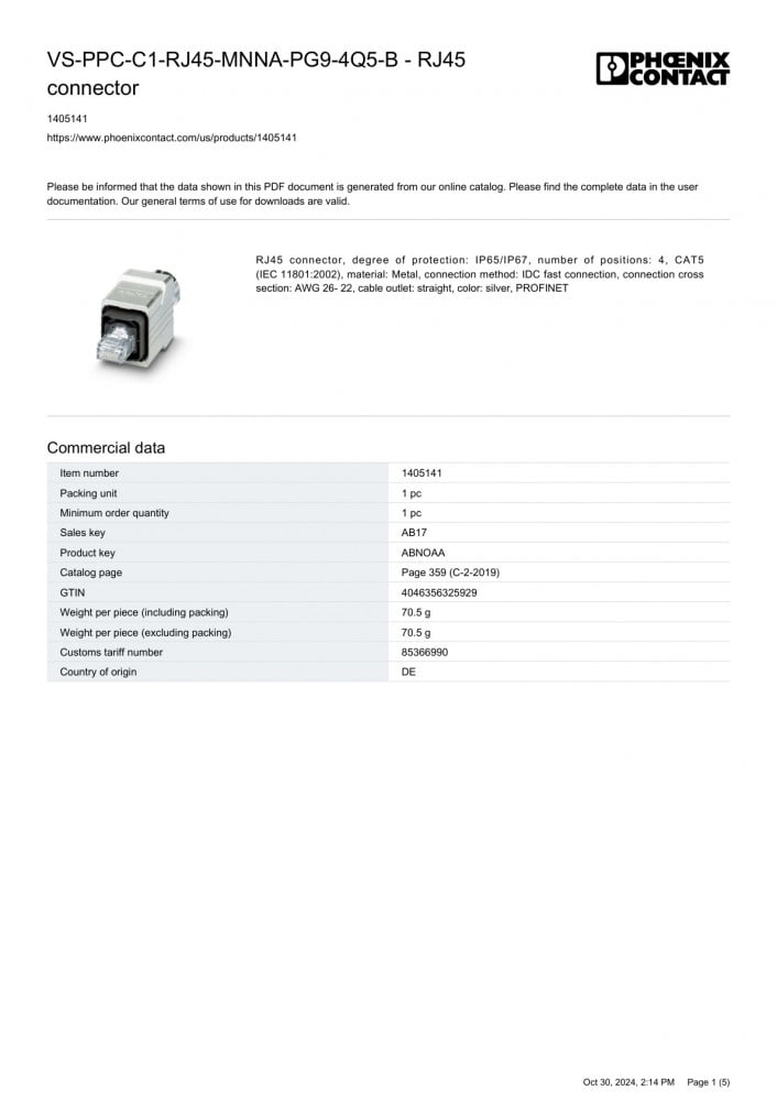 Phoenix Contact 1405141 technical document page 1