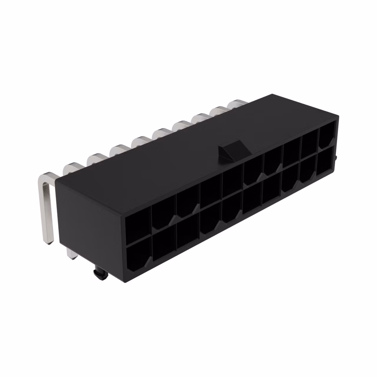 Mini-Fit Jr. Header, Dual Row, Right-Angle, with Snap-in Plastic Peg PCB Lock, 20 Circuits, UL 94V-0, Matte Tin (Sn) Plating, Black, Tray for sale