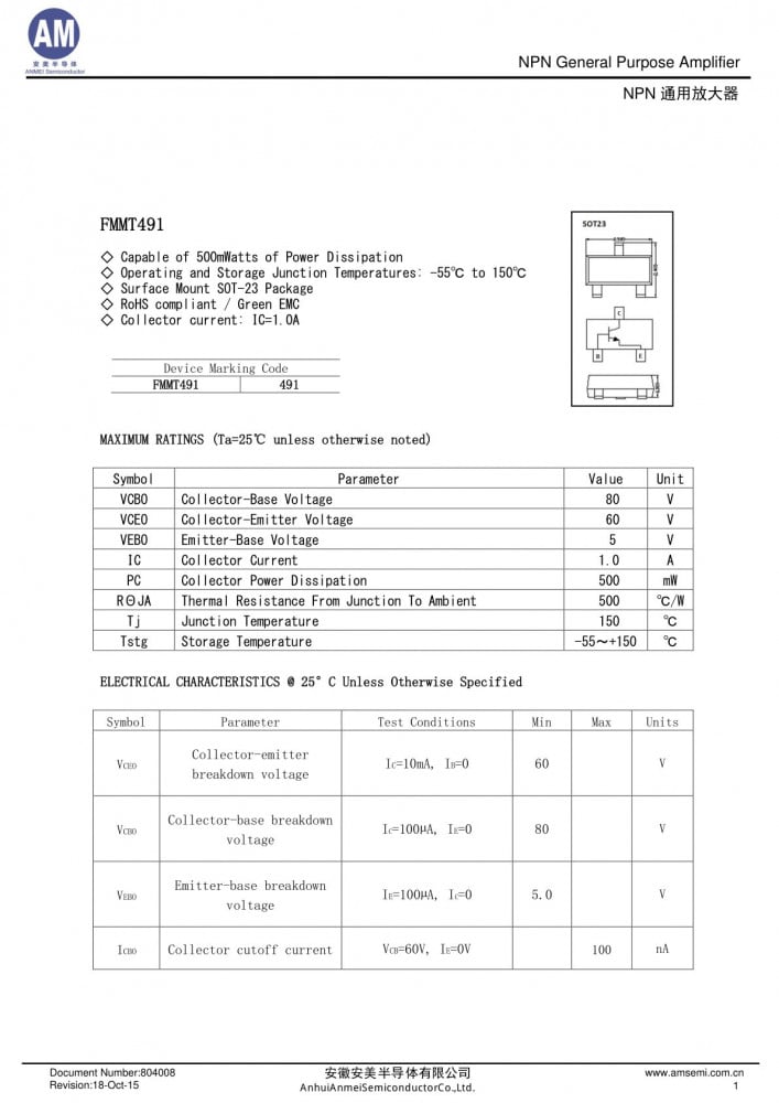 FMMT491 datasheet page 1