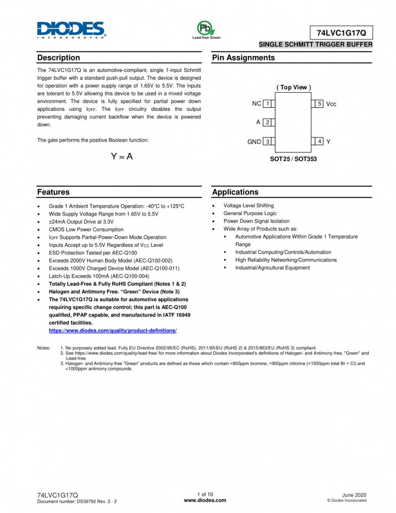 74LVC1G17QW5-7 datasheet page 1
