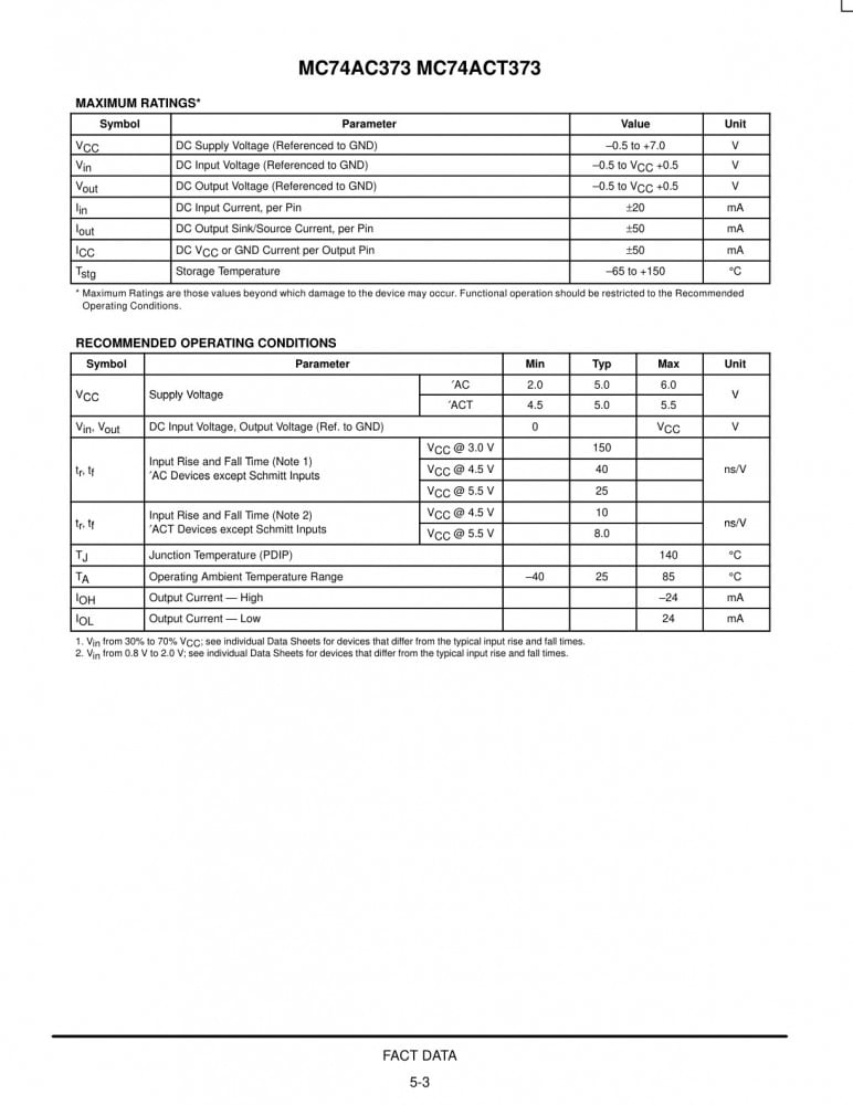 MC74ACT373DW datasheet page 3
