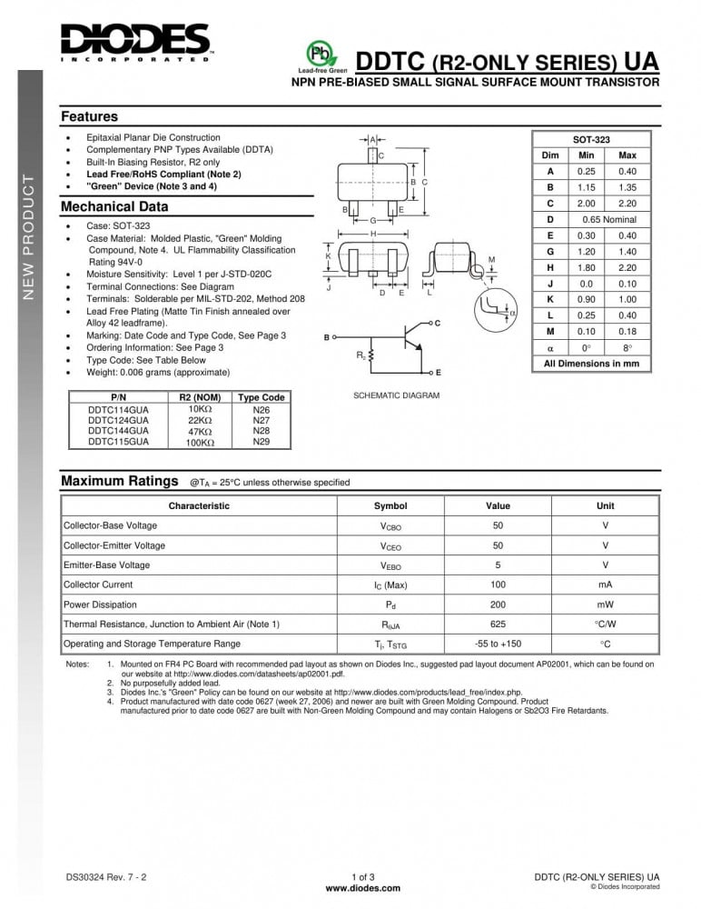 DDTC144GUA-7-F datasheet page 1