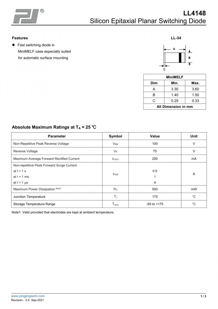 PJSEMI LL4148 datasheet page 1