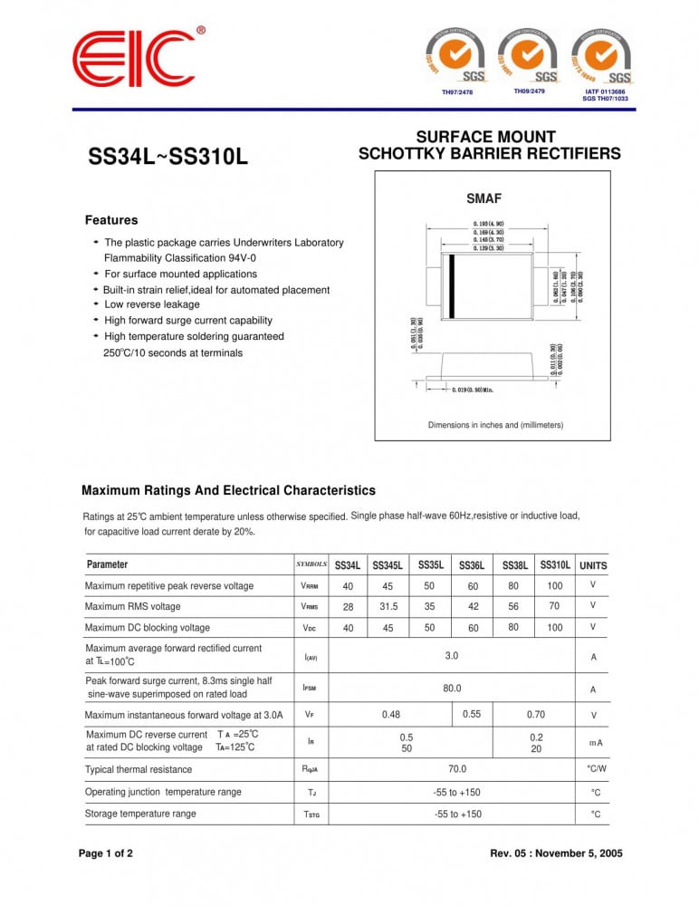 EIC SS34L datasheet page 1