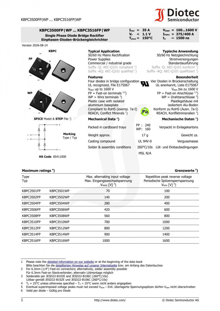 DIOTEC KBPC3502WP datasheet page 1