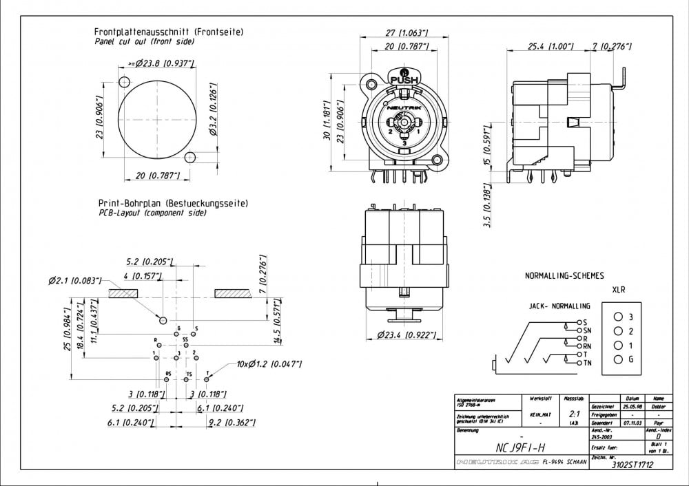 Neutrik NCJ9FI-H PCB layout and front-panel cut-out drawing
