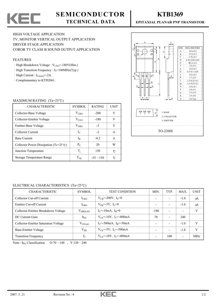 KTB1369-Y-U/PF datasheet page 1