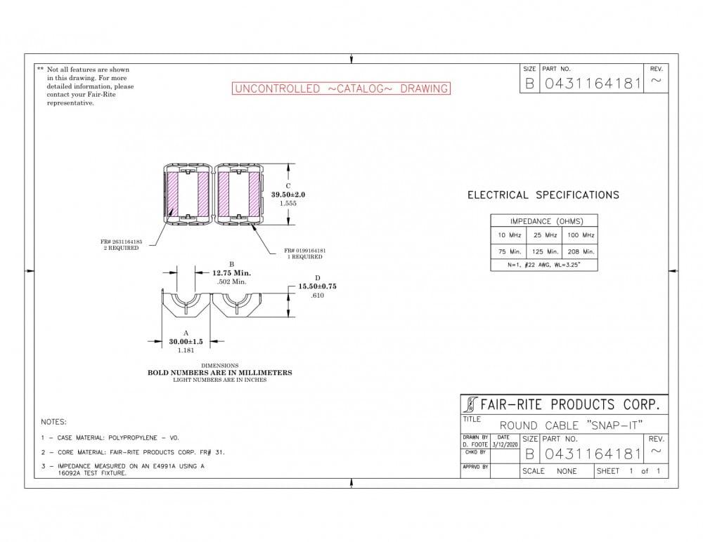 Fair-Rite 0431164181 technical drawing