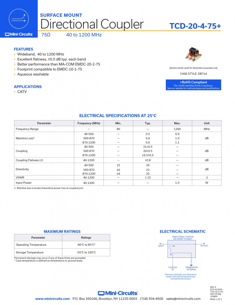 TCD-20-4-75+ technical document page 1