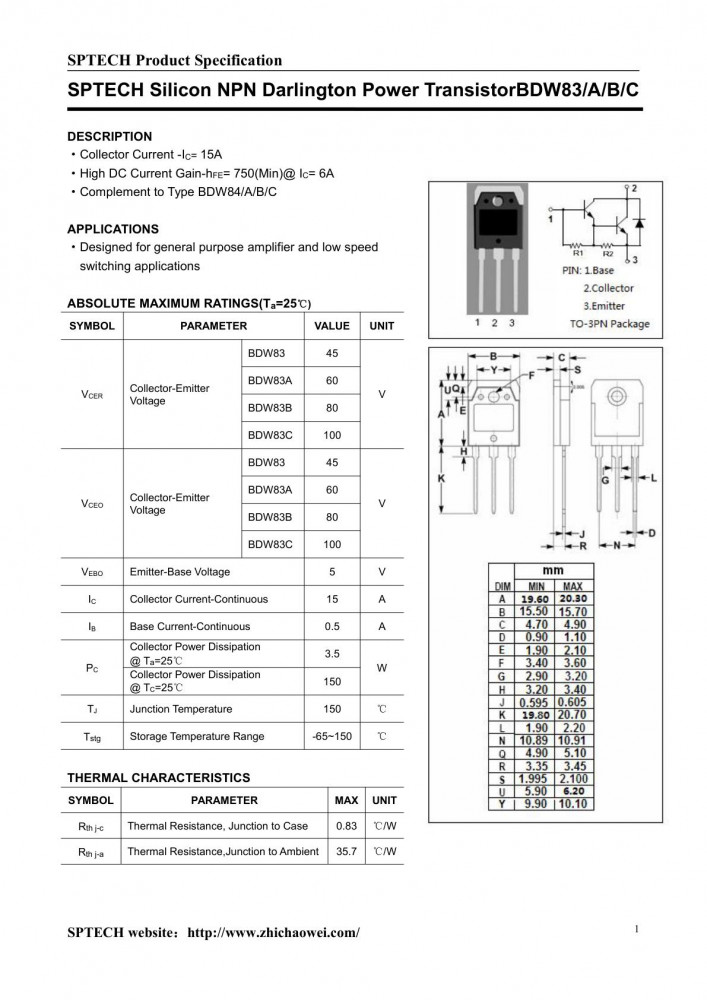 SPTECH BDW83 datasheet page 1