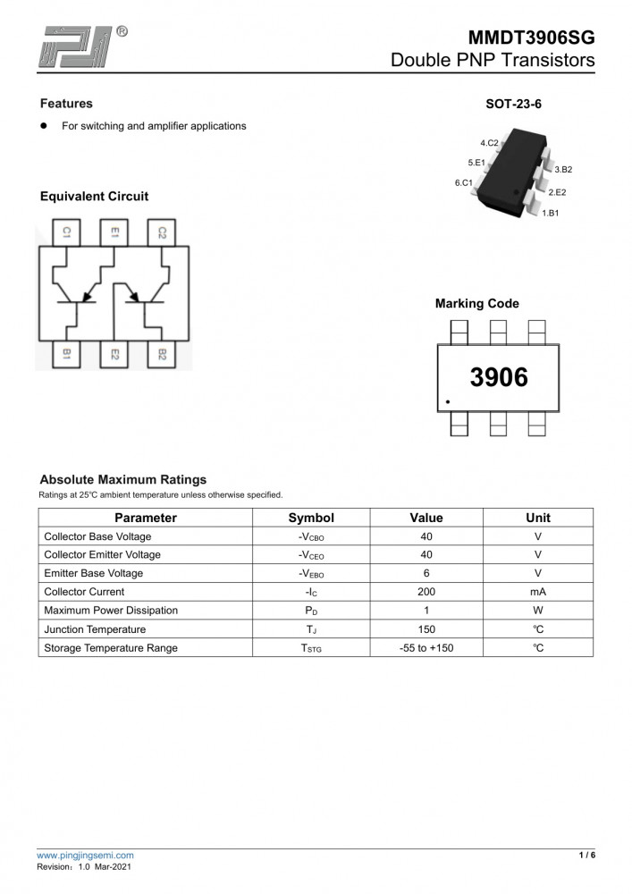 MMDT3906SG datasheet page 1