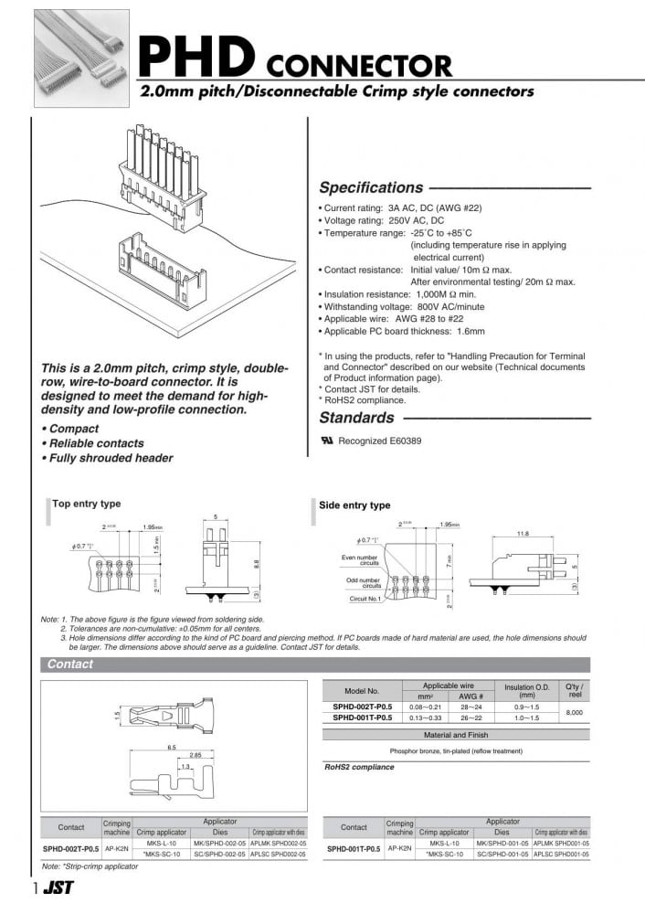JST PHDR series connector technical document page 1