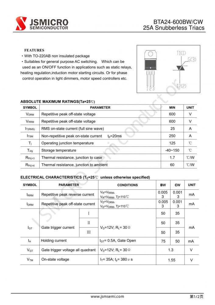 BTA24-600CWRG datasheet page 1