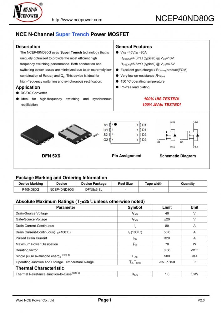 NCEP40ND80G datasheet page 1