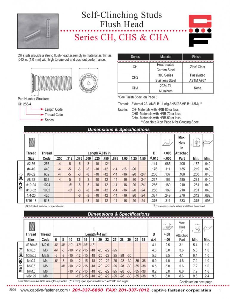 CHA series self-clinching studs documentation, page image 1