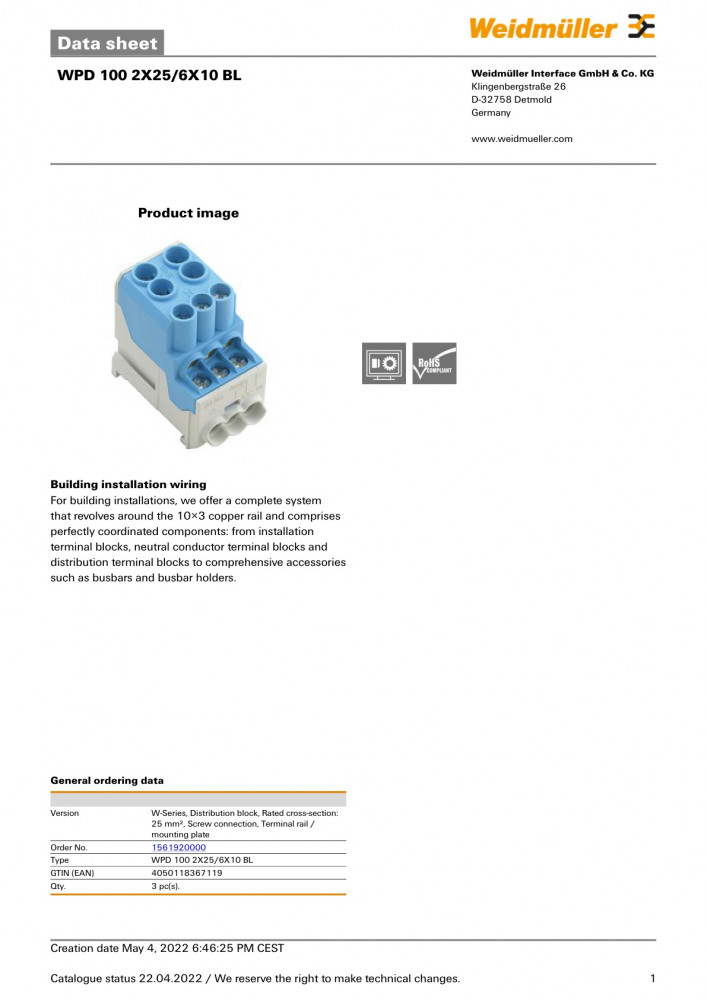 WEIDMULLER WPD 100 product document page 1