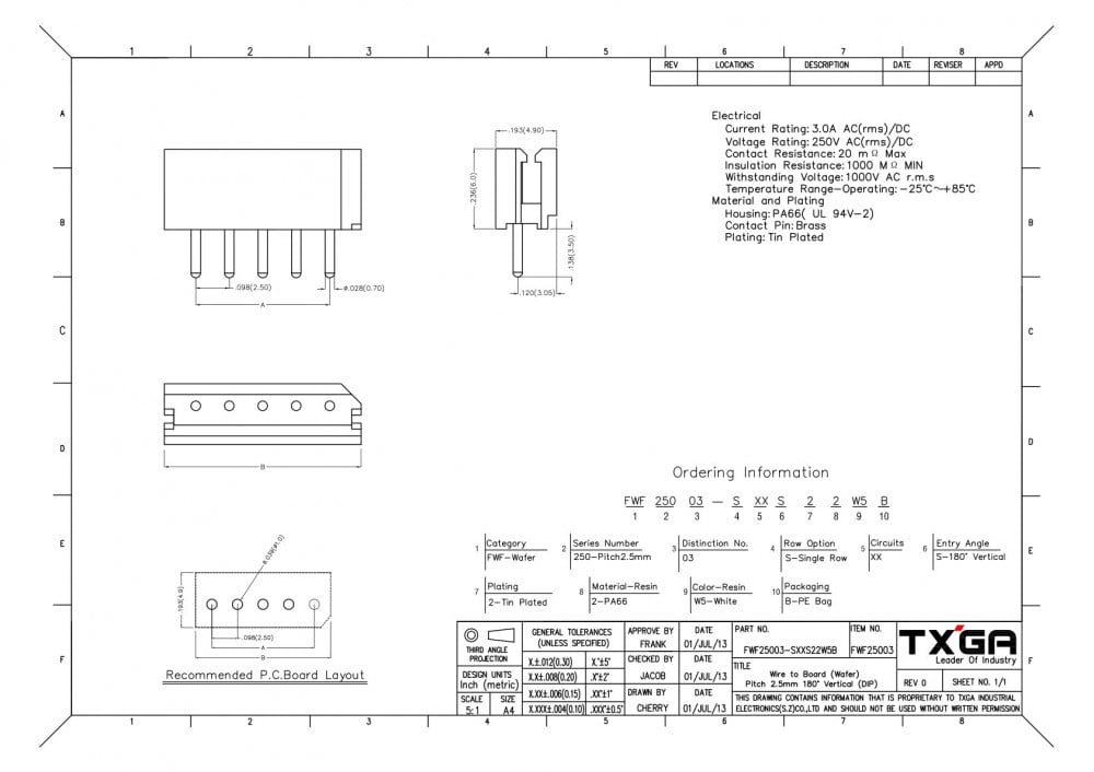 TXGA FWF25003 connector datasheet page 1