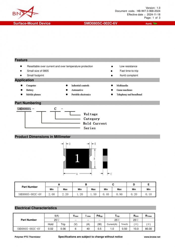 BNstar SMD0805-002C-6V datasheet page 1