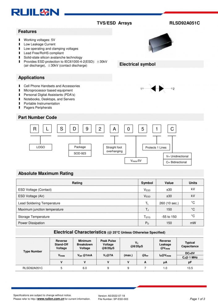 RLSD92A051C datasheet page 1