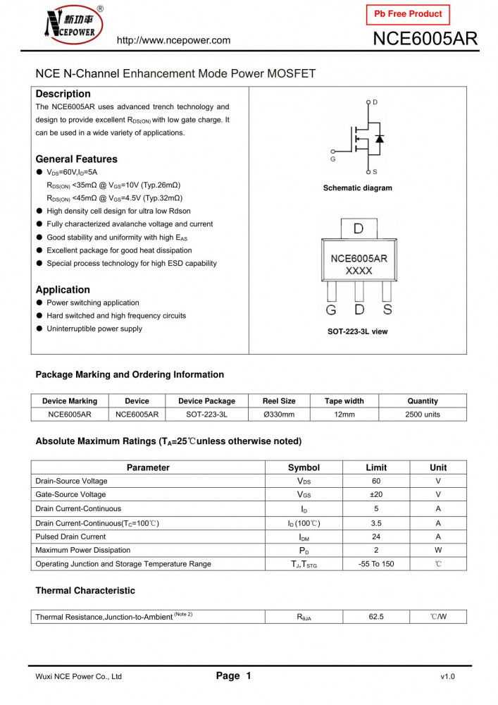 NCE6005AR datasheet page 1