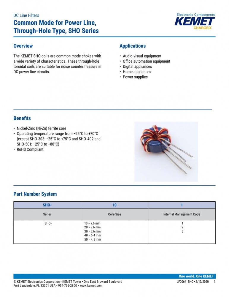 KEMET SHO series datasheet page 1