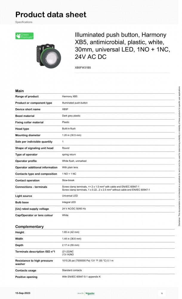 XB5FW31B5 technical document page 1